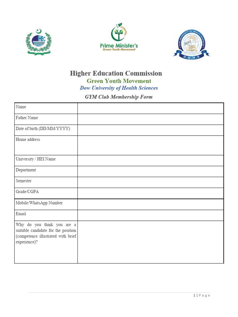 GYM Club Membership Application Form | PDF | Career & Growth