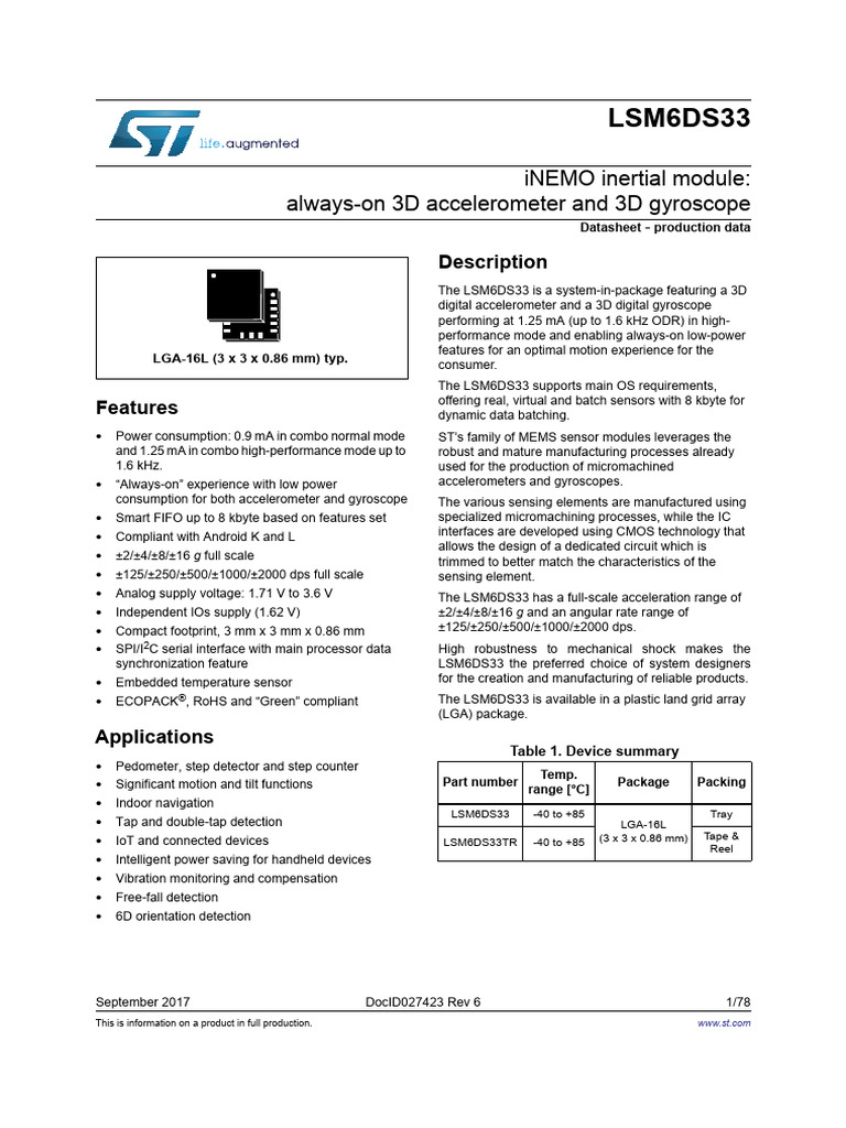 LSM6DS33 STMicroelectronics | PDF | Accelerometer | Computer Engineering
