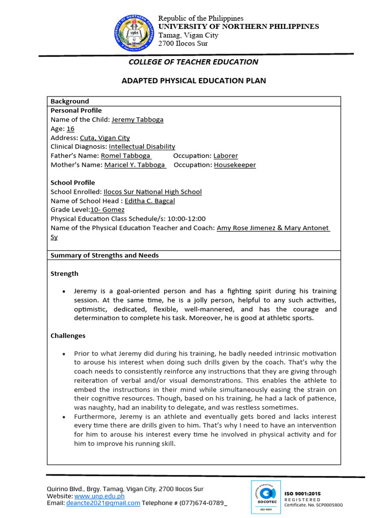 Adapted Physical Education Plan for Jeremy | PDF | Psychology ...