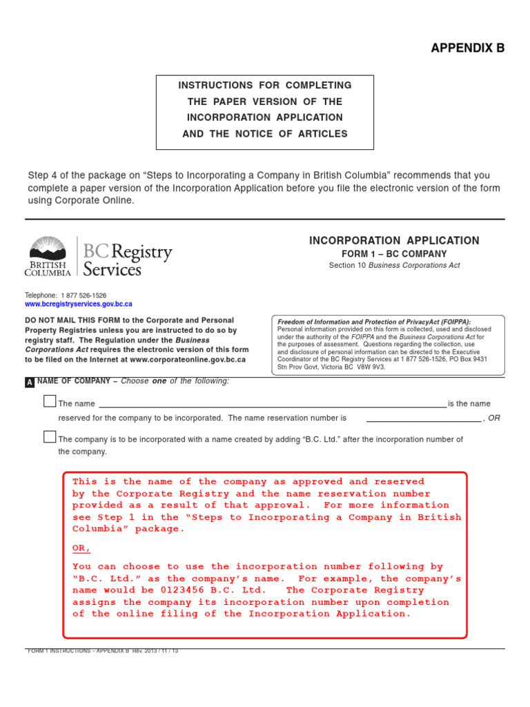 Reg50b Appendix B Instructions For Incorp App Notice of Article | PDF | Zip Code | Mail