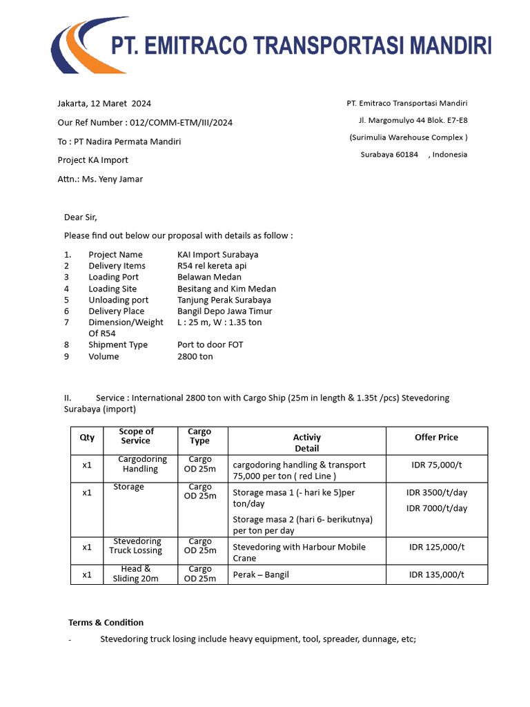 ETM Quotation Nadira KAI Import 2800 Rev 12 Maret 2024 | PDF | Cargo ...