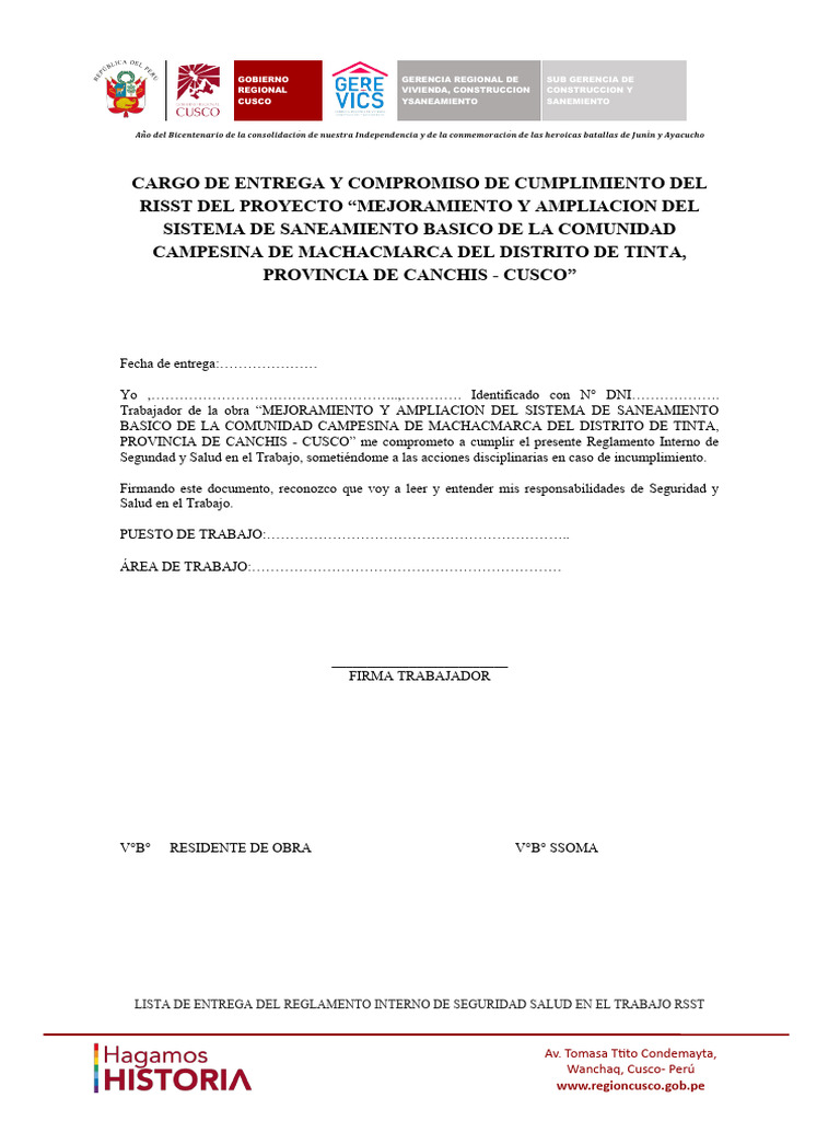 2.1.cargo de Entrega y Compromiso de Cumplimiento Del Risst Del Proyecto | PDF