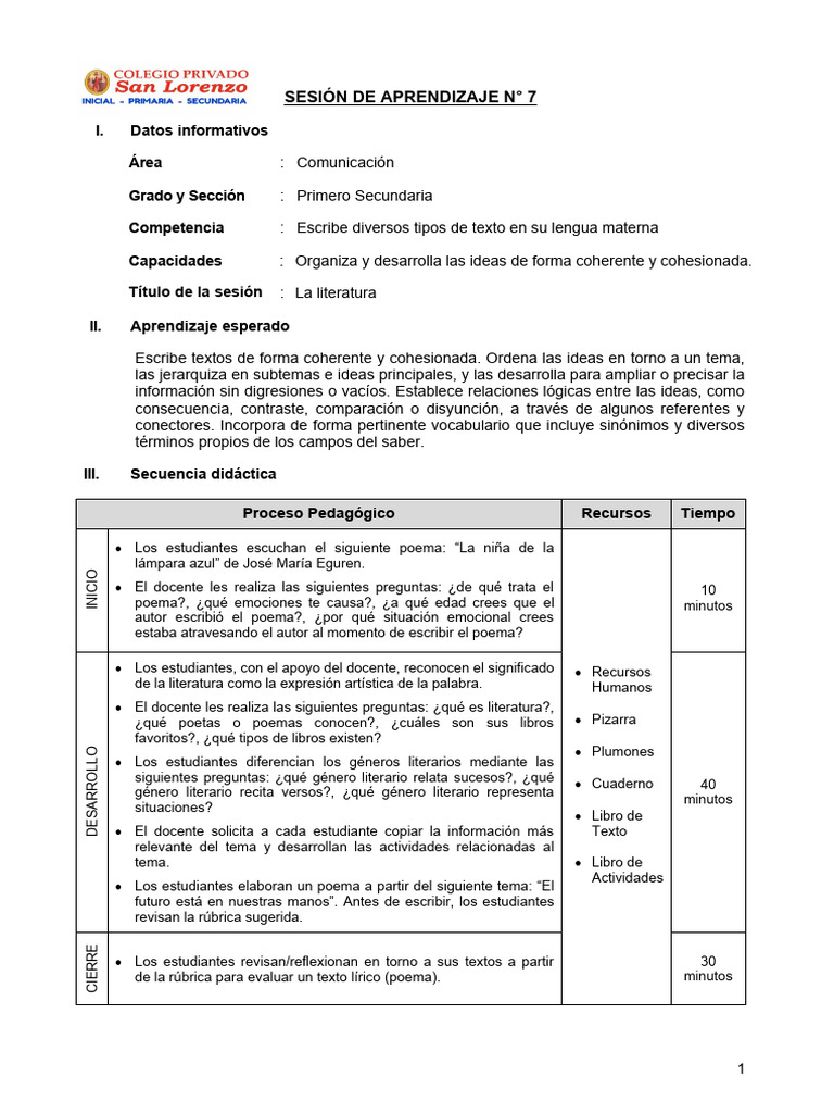 Sesión de Aprendizaje #07 - 1° Secundaria | Descargar gratis PDF | Aprendizaje | Autor