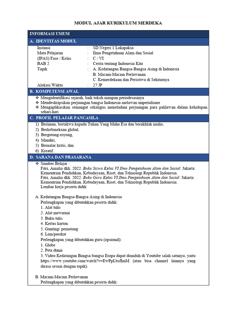 Modul Ajar Kelas 6 A | PDF