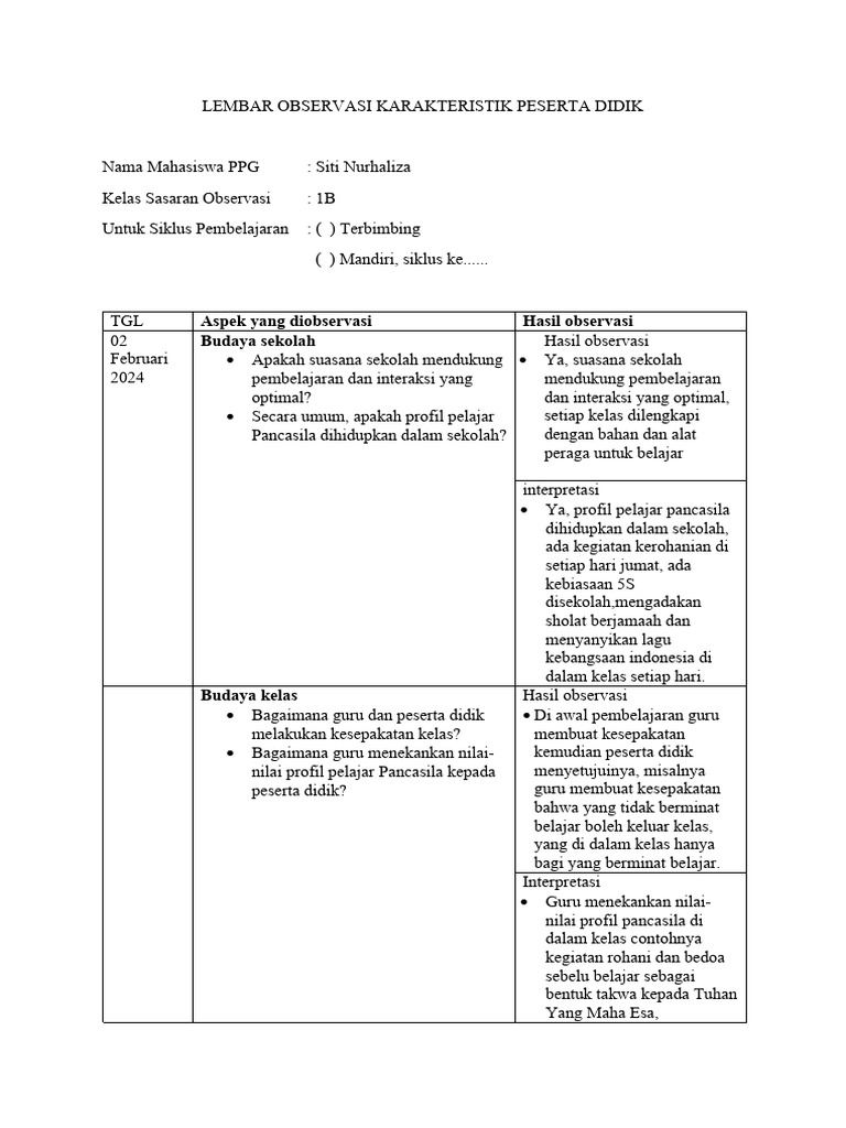 Format Lembar Observasi Karakteristik Peserta Didik (PPL) | PDF Format Lembar Observasi Karakteristik Peserta Didik (PPL) | PDF