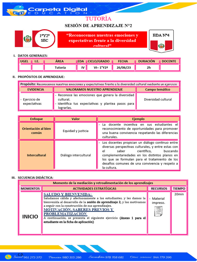 1° y 2°SESION DE APRENDIZAJE-SESIÓN.2-SEM.2-EXP.3-TUTORÍA | PDF