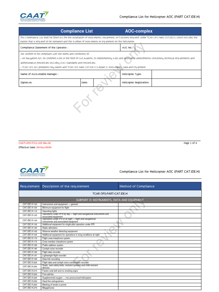 CAAT-OPS-TCCL-105 - Compliance List For Aeroplane AOC TCAR OPS Part IDE ...