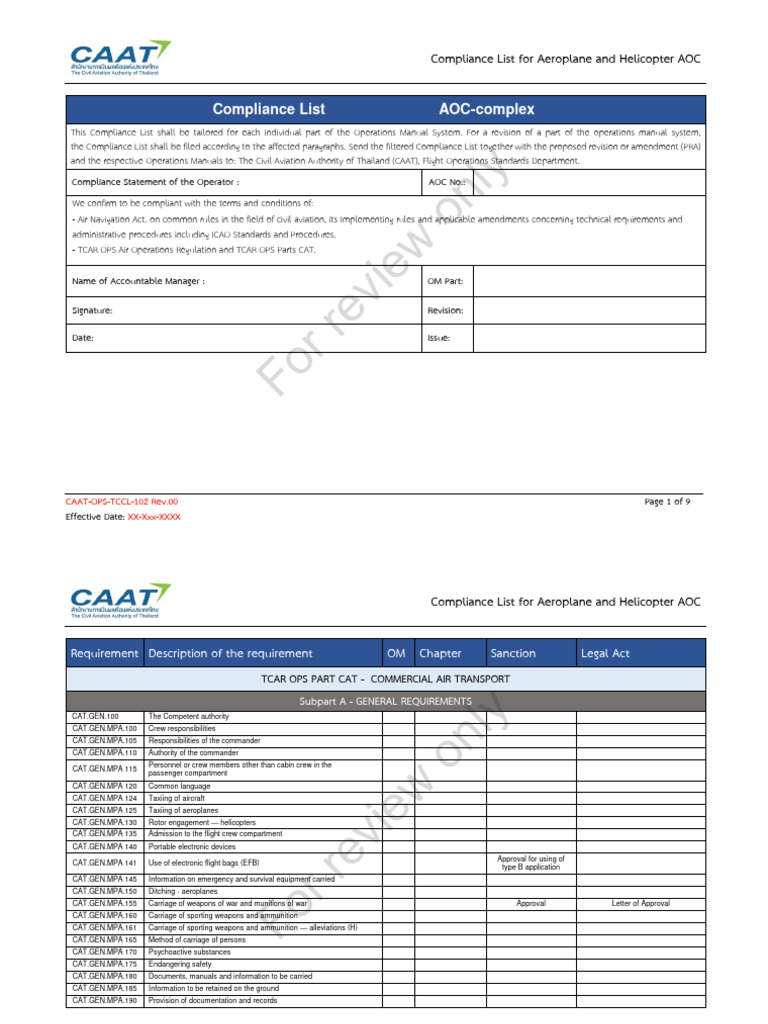 AOC Compliance Checklist for CAAT | PDF | Takeoff | Regulatory Compliance