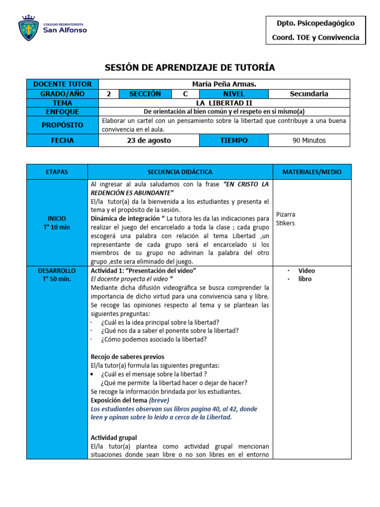 Sesión De Aprendizaje De Tutoría 6 09 23 Pdf Aprendizaje Cognición