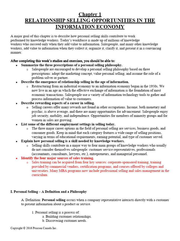 Chapter 1 Highlights - RELATIONSHIP SELLING IN THE INFORMATION ECONOMY ...
