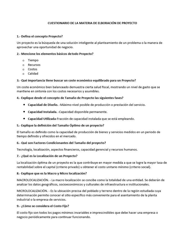 Cuestionario de Elaboración de Proyecto | PDF | Costo | Business