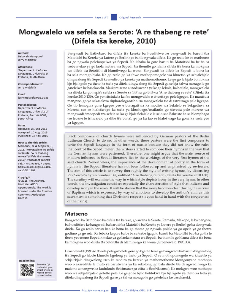 Mongwalelo Wa Sefela Sa Serote: A Re Thabeng Re Rete' (Difela Tša ...