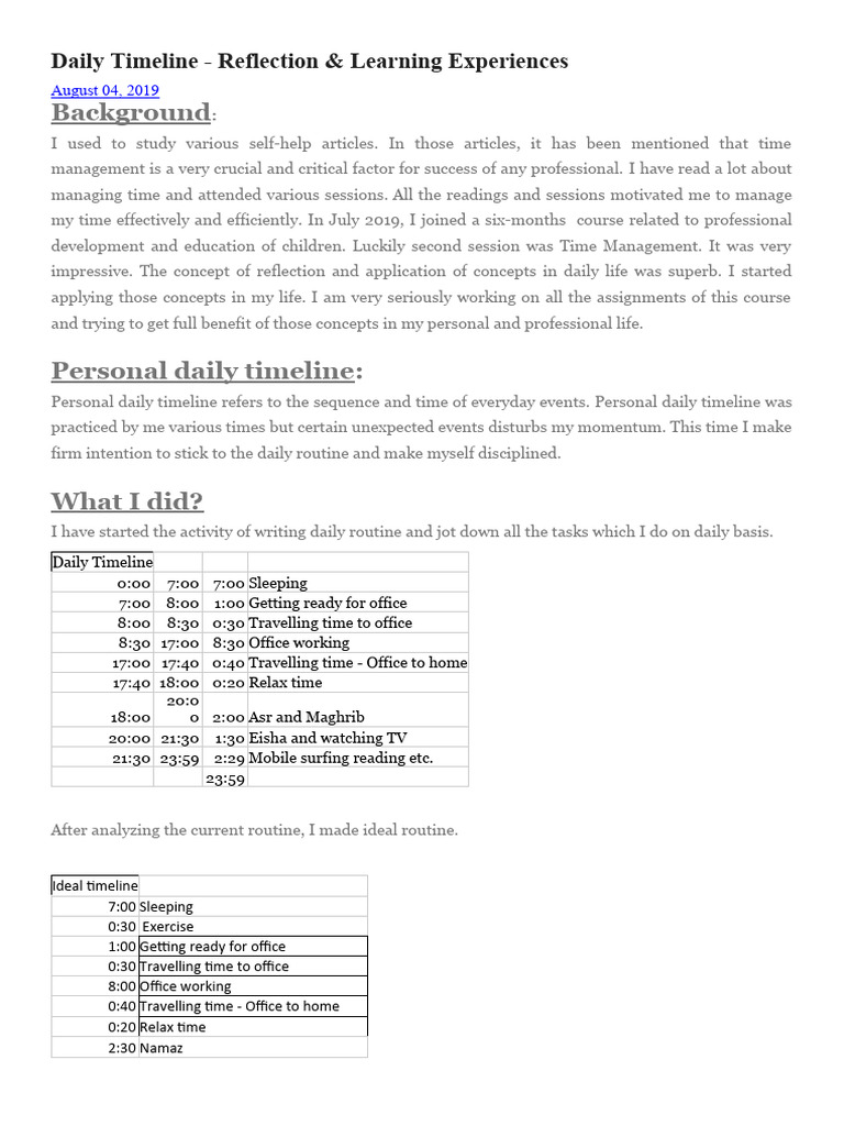 Daily Timeline | PDF | Cognition | Behavior Modification