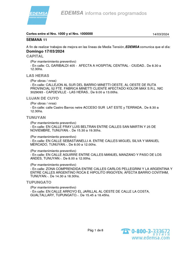 Cortes de Energía EDEMSA: Marzo 2024 | PDF | Argentina | Buenos Aires