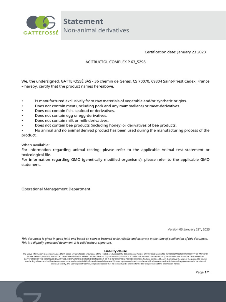 Non-Animal Derivatives Certification | PDF | Information