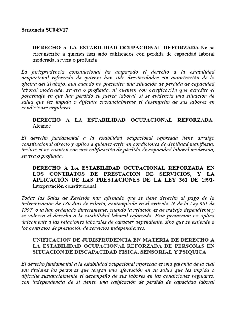 SU049 2.017 Derecho A La Estabilidad Ocupacional Reforzada | PDF | Caso de ley | Derecho laboral