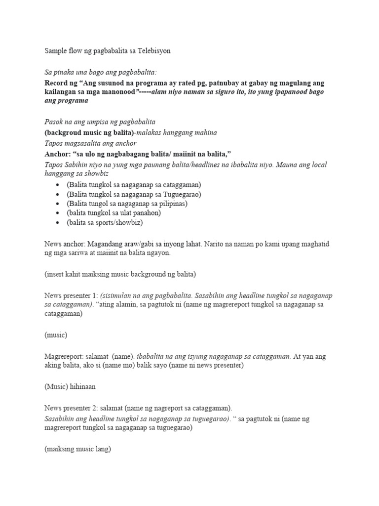 Sample Flow NG Pagbabalita Sa Telebisyon | PDF