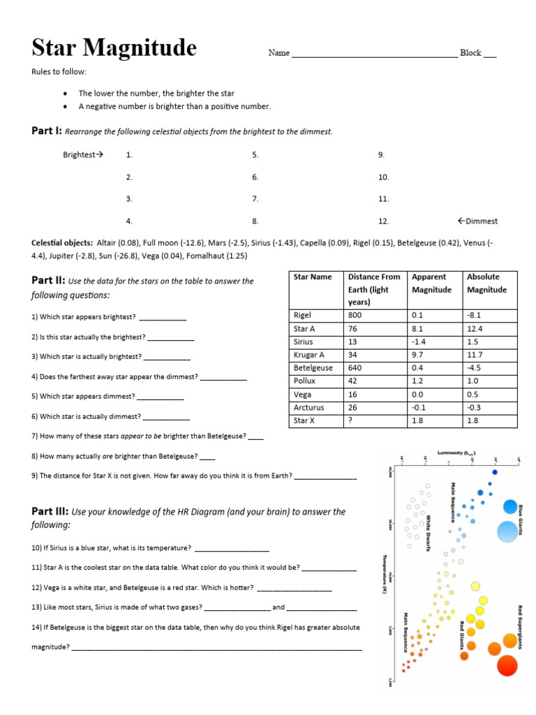 Star Magnitude Analysis Worksheet | PDF | Apparent Magnitude | Stars