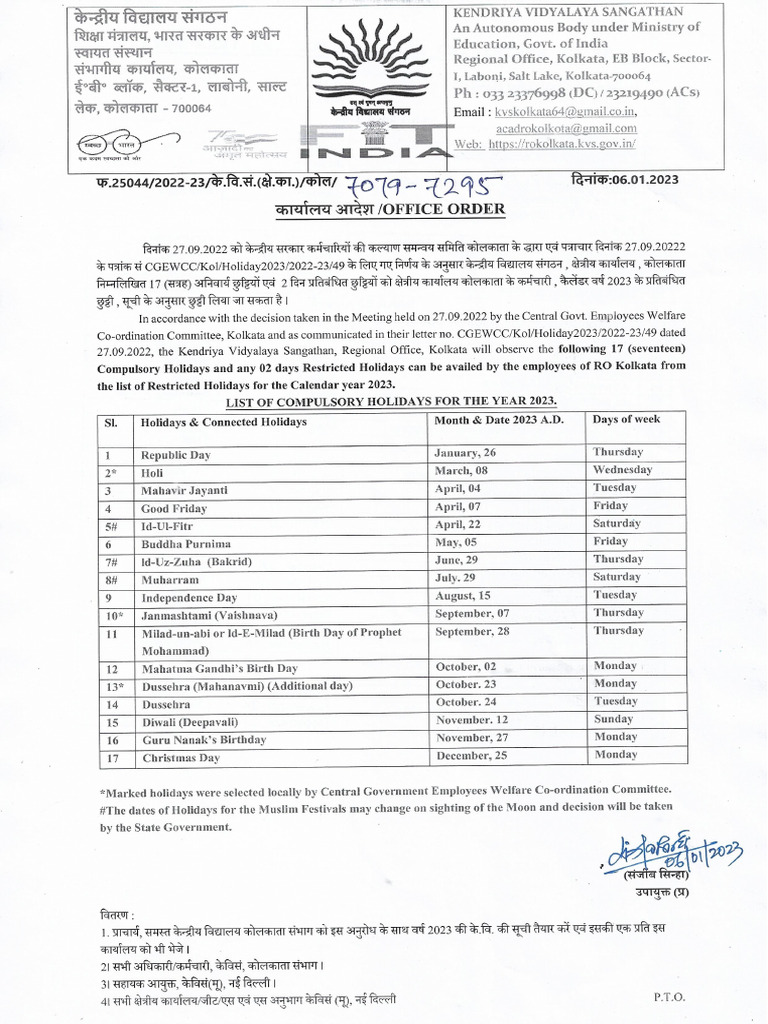 List of Holidays 2023 KVS RO KOL (2) | PDF
