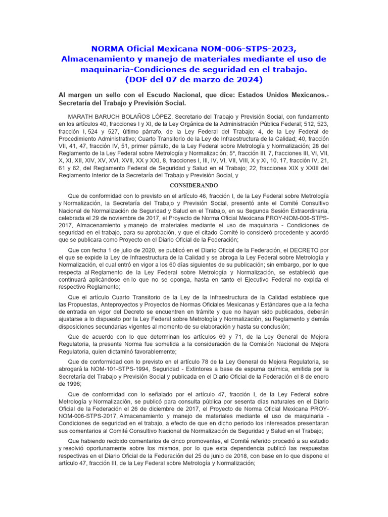 Norma Oficial Mexicana Nom 006 Stps 2023 | PDF