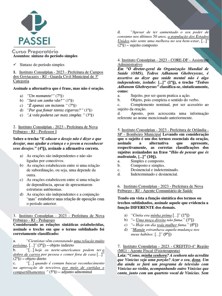 Sintaxe Do Período Simples - Lucas 16-02 | PDF | Assunto (gramática) | Sintaxe