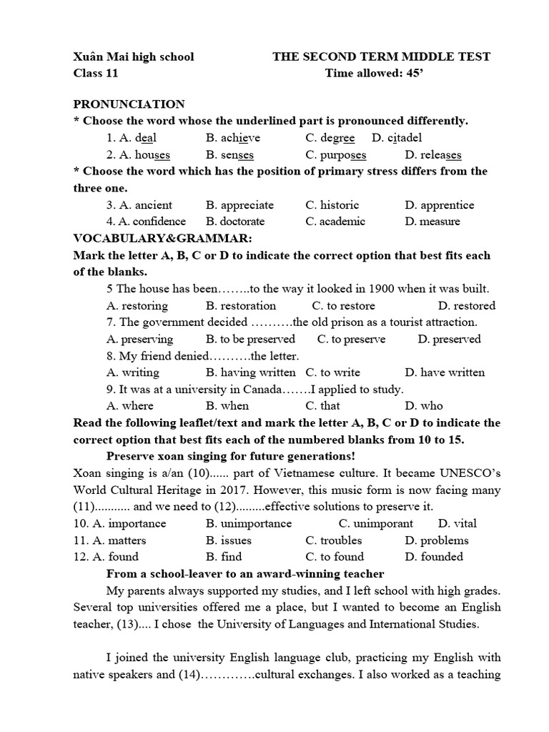 The Second Middle Term Test 11-2023-2024 | PDF | Language Arts & Discipline