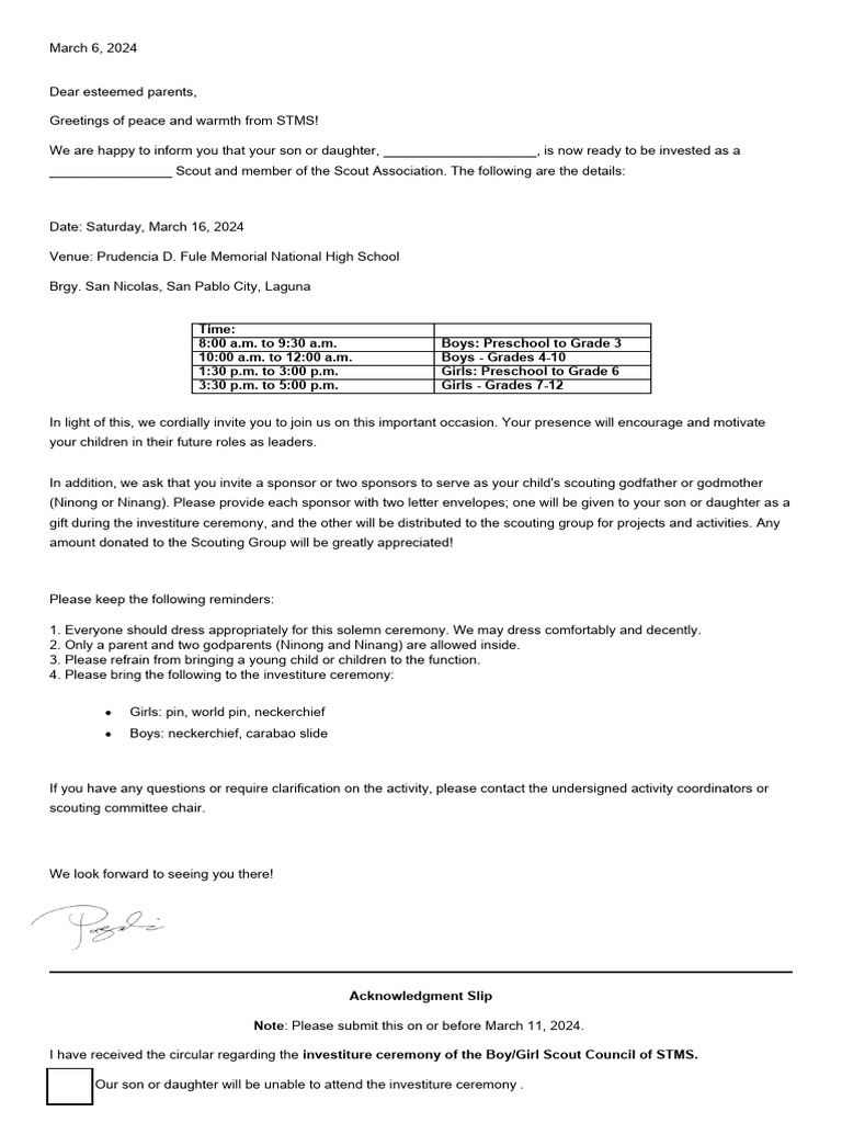 INVESTITURE-2024-LETTER | PDF