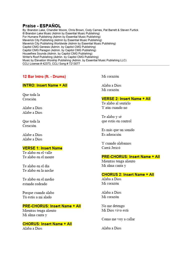 Praise - Español Song Scan | PDF