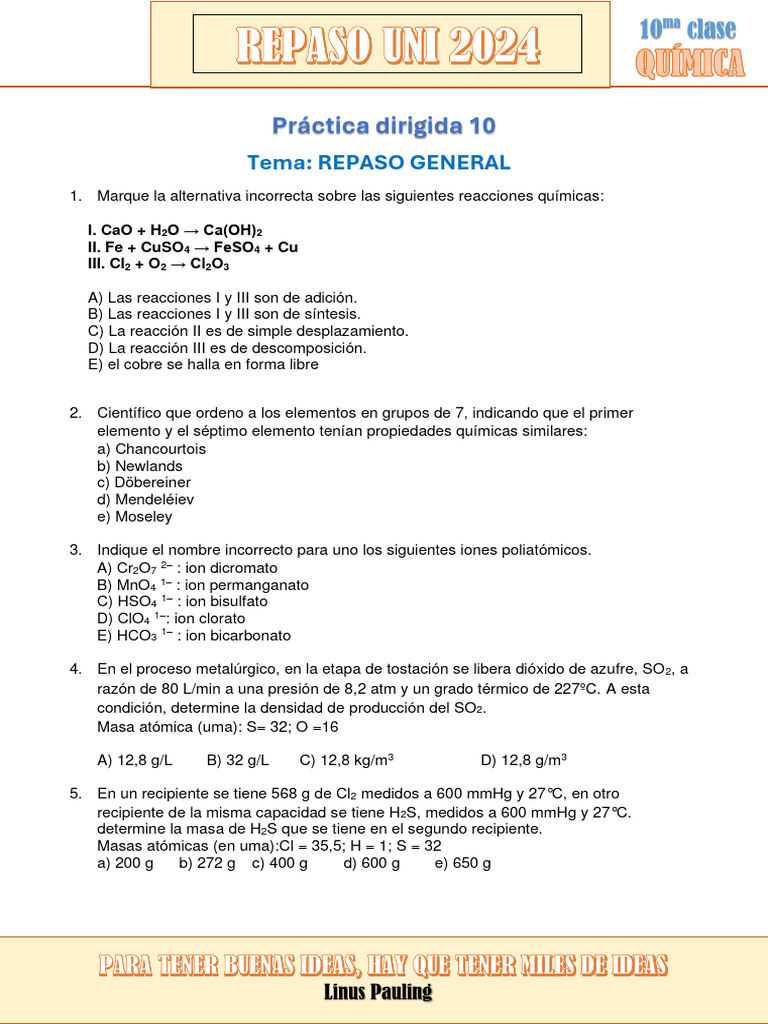 REPASO Enero 2024 - Quimica - Practica 10 - REPASO GENERAL - 15-02-2024 | PDF | Dióxido de ...