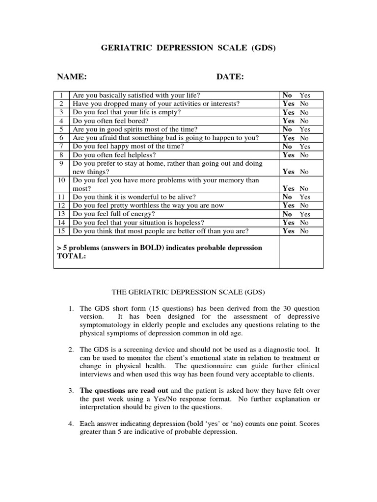 Geriatric Depression Scale (GDS) Overview | PDF | Self-Improvement ...
