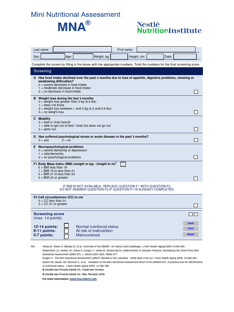 3.mini Nutritional Assessment MNA SF | PDF | Malnutrition | Body Mass Index