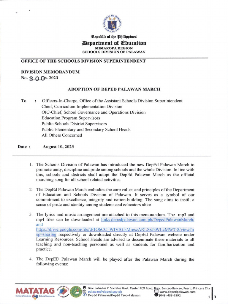 DIVISION-MEMORANDUM-NO.-300-S.-2023-ADOPTION-OF-DEPED-PALAWAN-MARCH | PDF