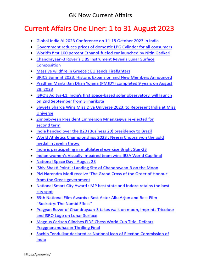 Current Affairs One Liner August English | PDF