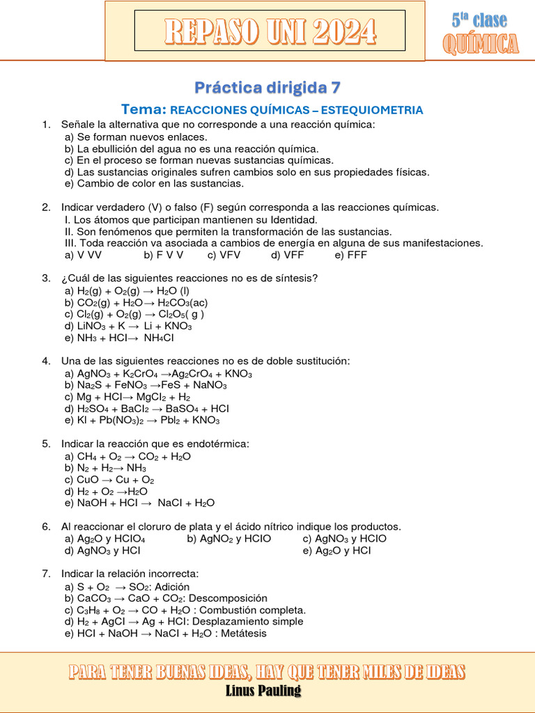 REPASO Enero 2024 - Quimica - Practica 7 - REACCIONES QUIMICAS - ESTEQUIOMETRIA - 05-02-2024 ...