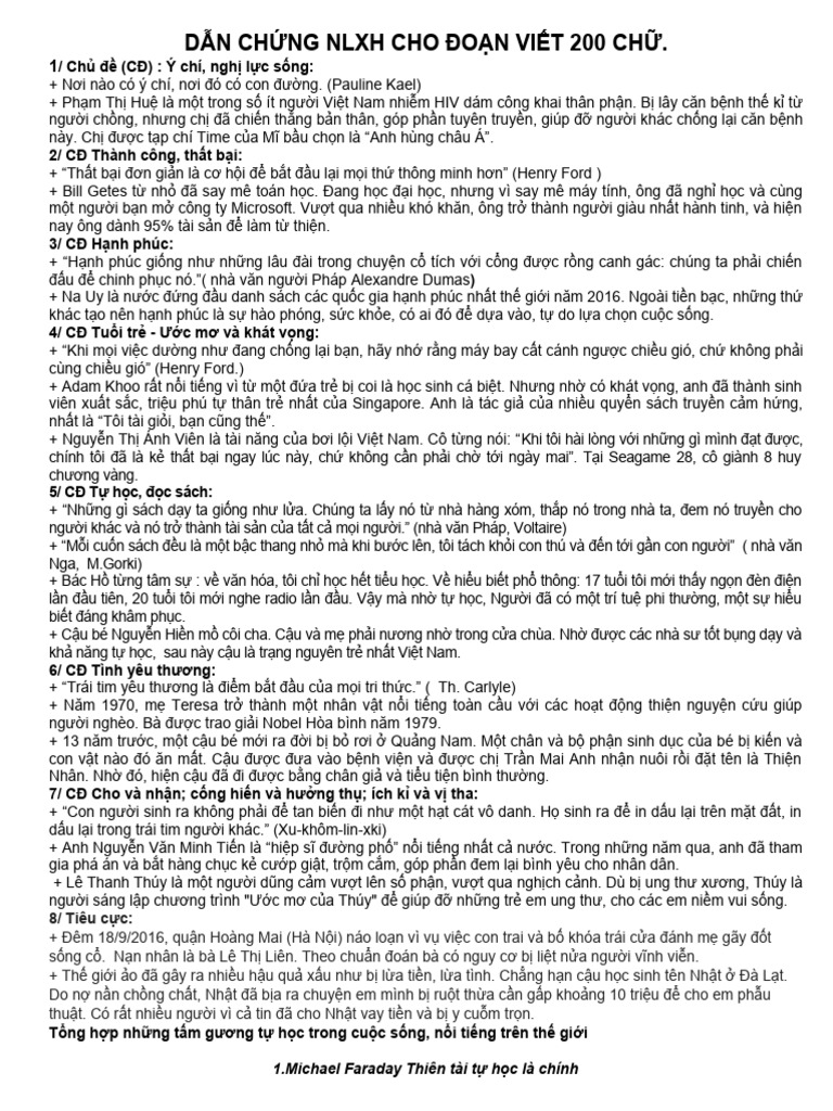 DẪN CHỨNG NLXH CHO ĐOẠN VIẾT 200 CHỮ | PDF