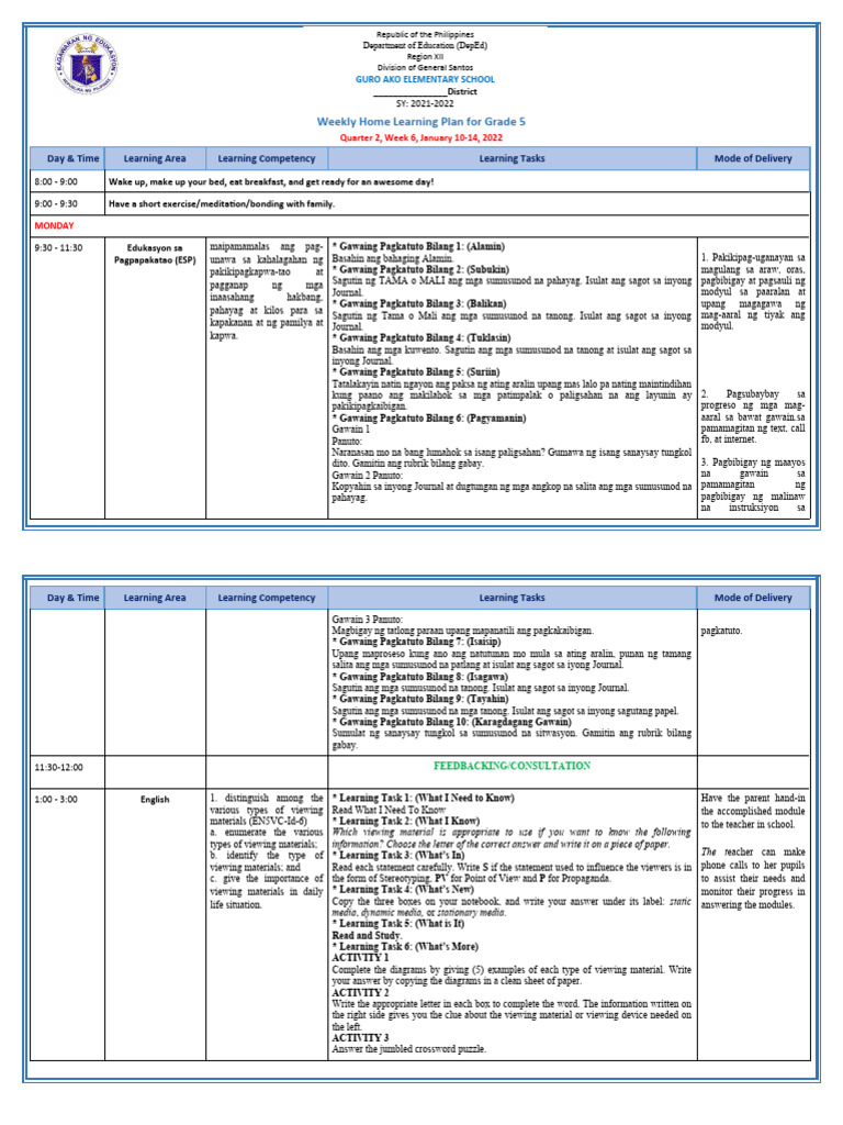 WHLP Detailed Grade 5 Q2 W7 All Subjects | PDF