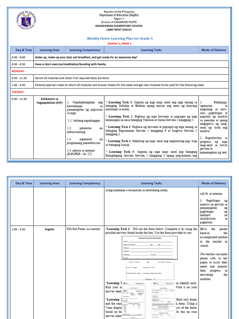 WHLP Grade 5 Q1 W1 All Subjects | PDF