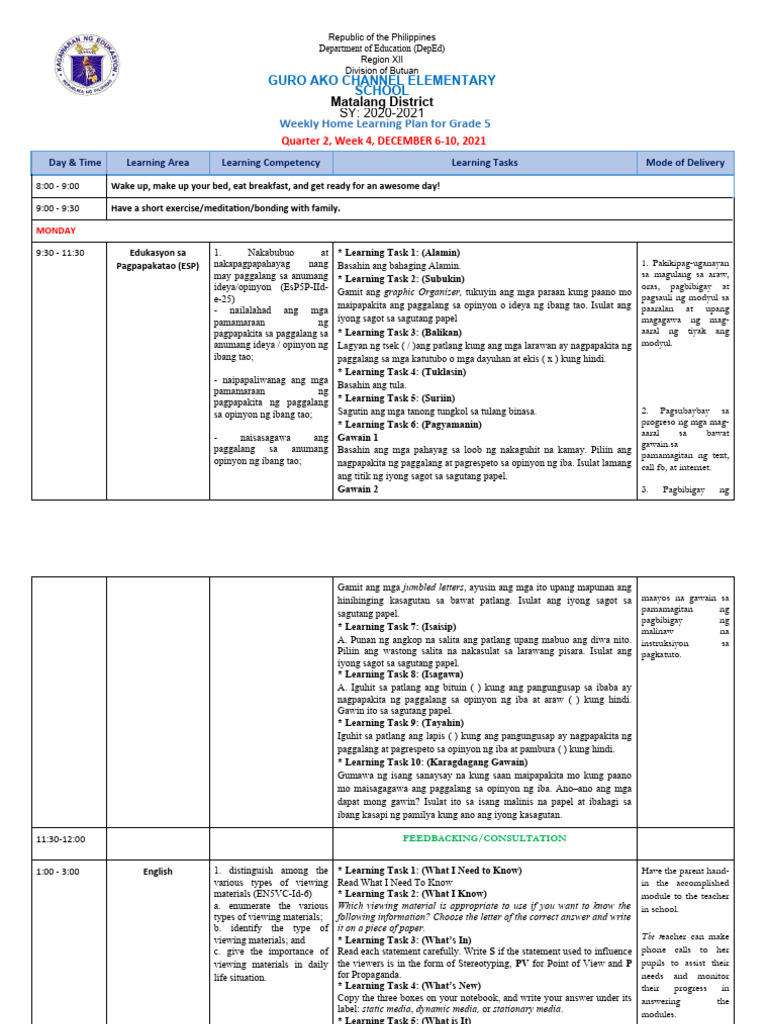WHLP Detailed Grade 5 q2 w4 All Subjects | PDF