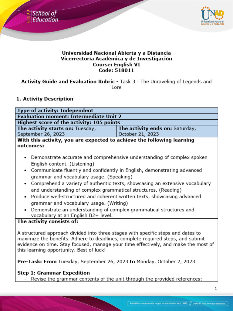Activity Guide and Evaluation Rubric - Unit 2 - Task 3 - The Unraveling of Legends and Lore | PDF