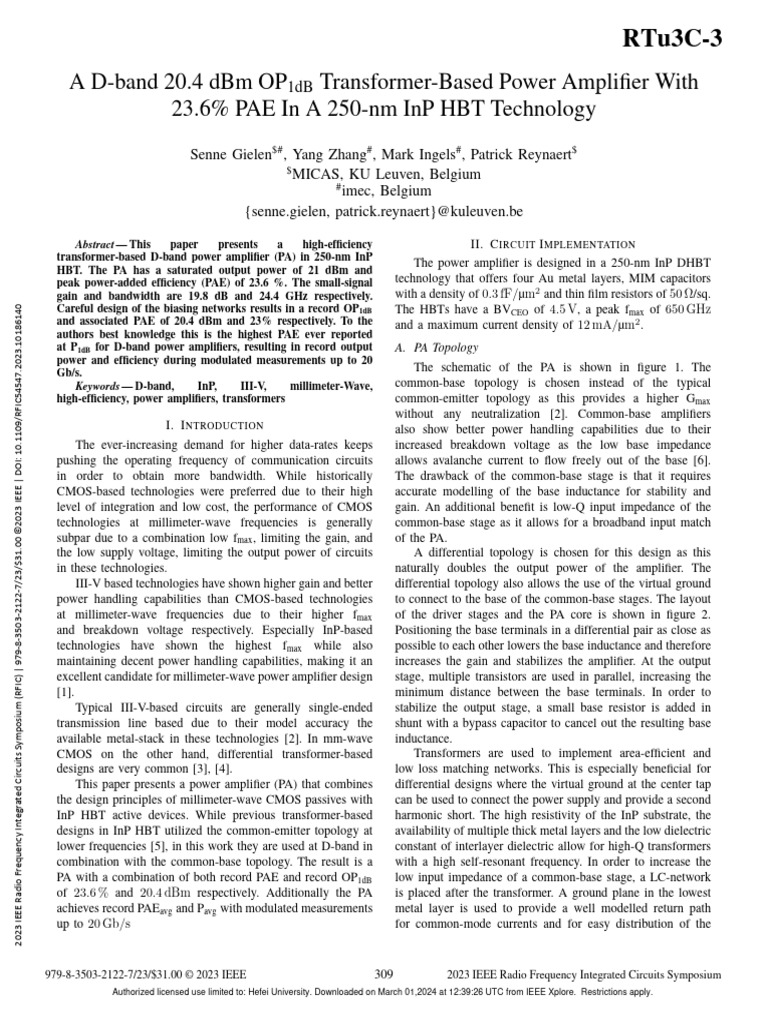 A D-Band 20.4 DBM OP1dB Transformer-Based Power Amplifier | PDF | Amplifier | Electrical Engineering