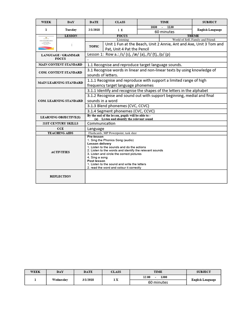 Year1 Phonic Lesson Plan 2022 | PDF