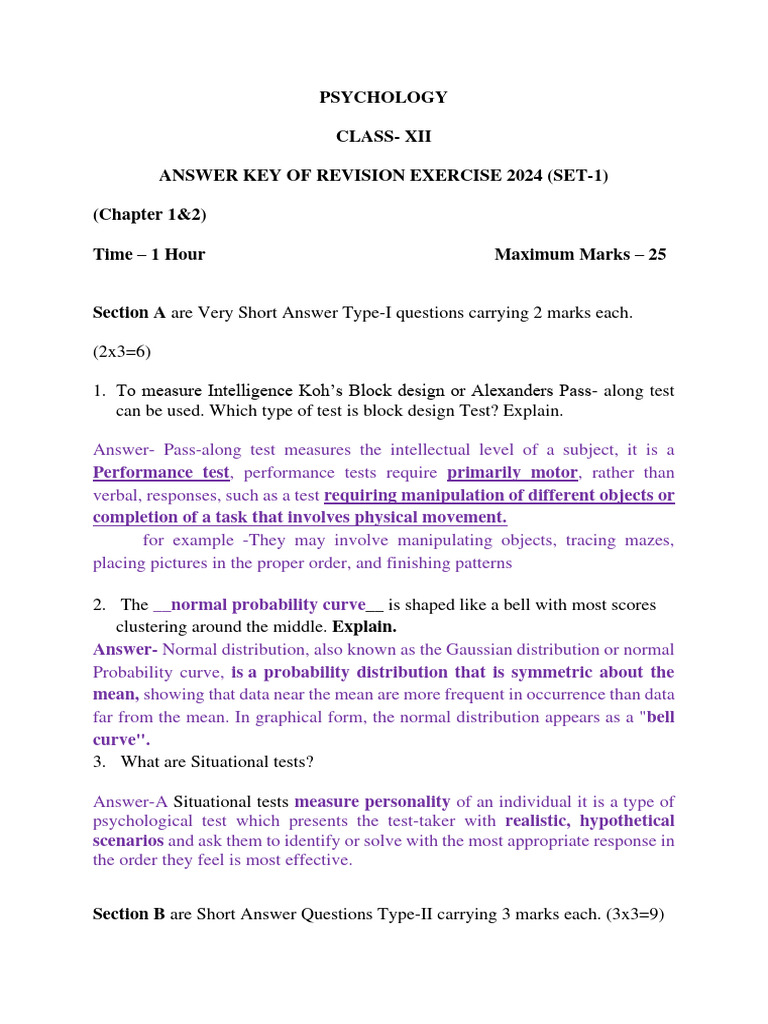 CLASS 12 Revision Exercise-Set 1 Answer Key (2023) | PDF | Self-Improvement | Science & Mathematics