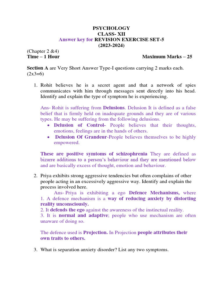CLASS 12 Revision Exercise - Set 5 (2024) Answer Key-1 | PDF | Delusion | Dissociation (Psychology)