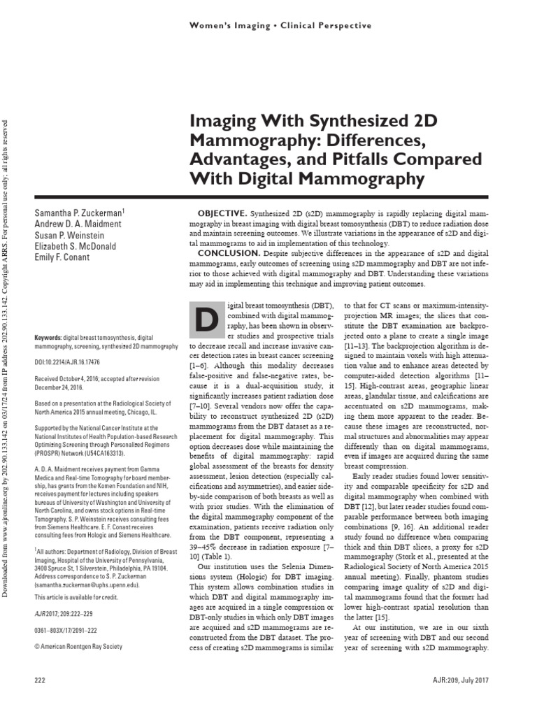 Zuckerman Et Al 2017 Imaging With Synthesized 2d Mammography ...
