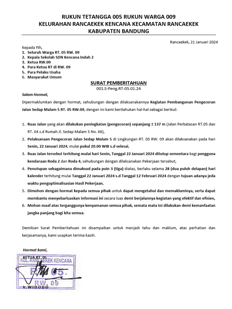 001 - Surat Pemberitahuan - Pengecoran Jalan - ttd-2 | PDF