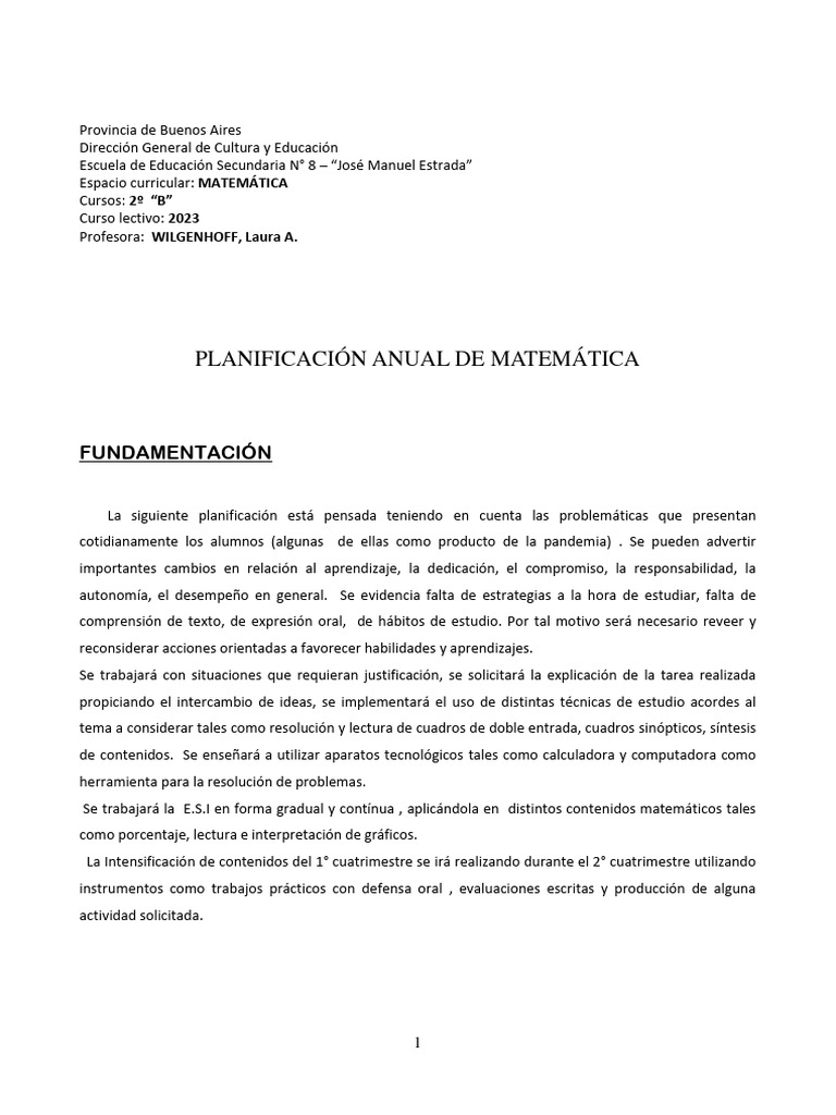 PlanificaciÓn Anual De MatemÁtica 2º B Ees Nº 8 2023 Pdf 8552