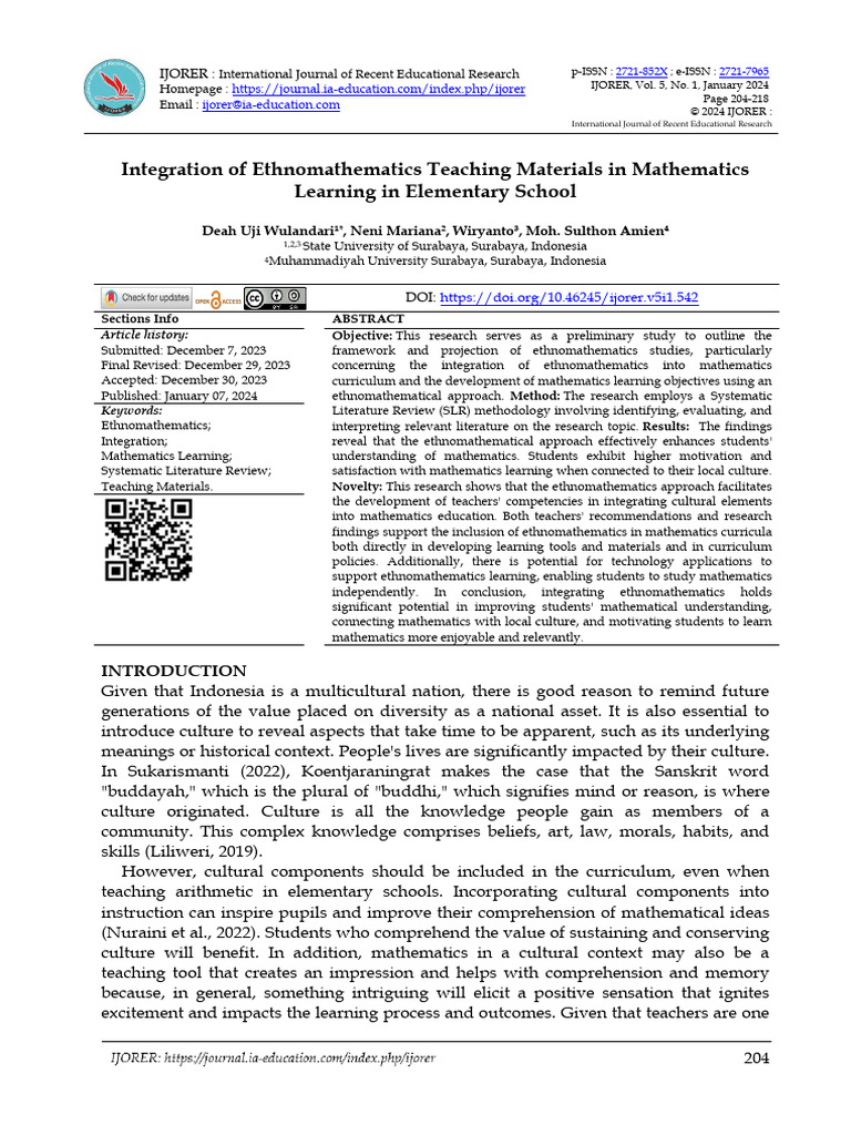 Ethnomathematics in Elementary Education | PDF | Methodology | Learning