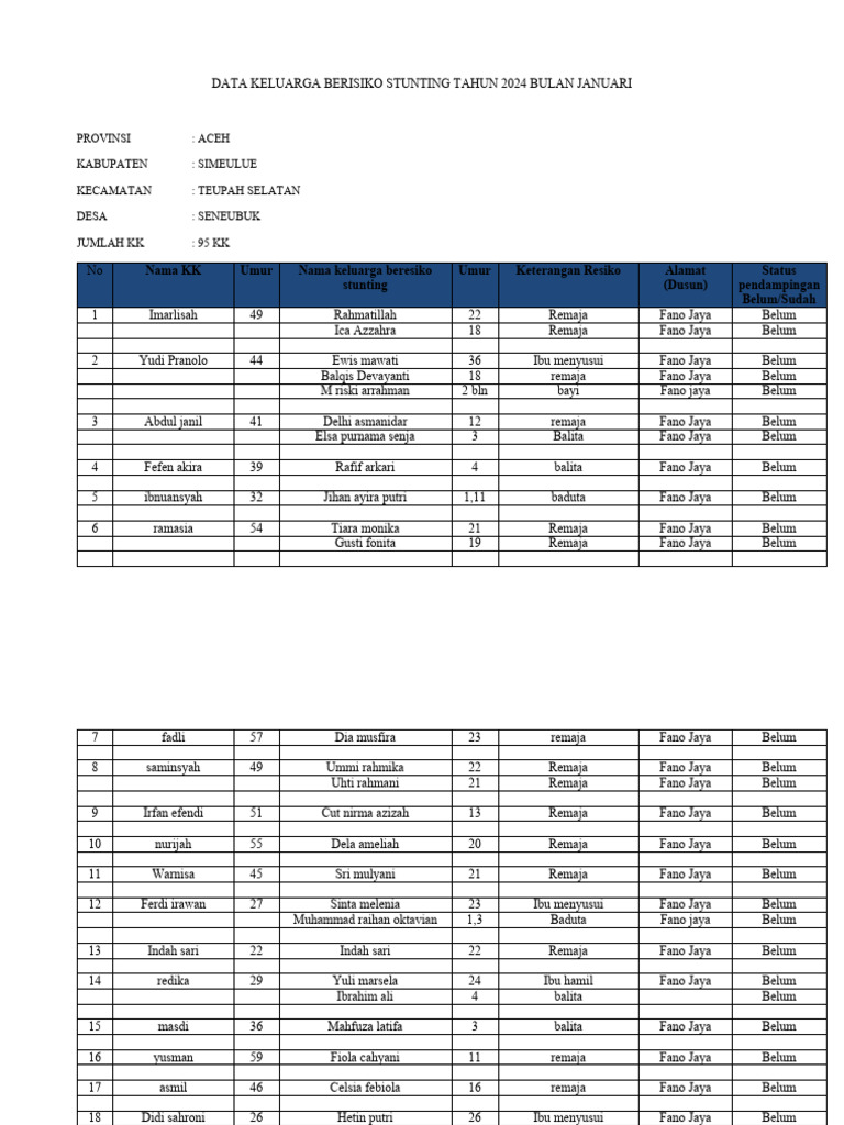 Data Keluarga Berisiko Stunting Tahun 2024 Bulan Januari Seneubuk | PDF