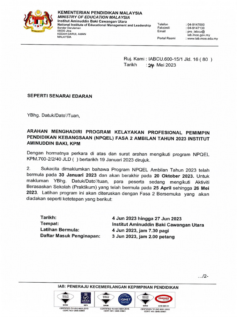 Arahan Menghadiri Program NPQEL Fasa 2 Ambilan Tahun 2023 1 | PDF