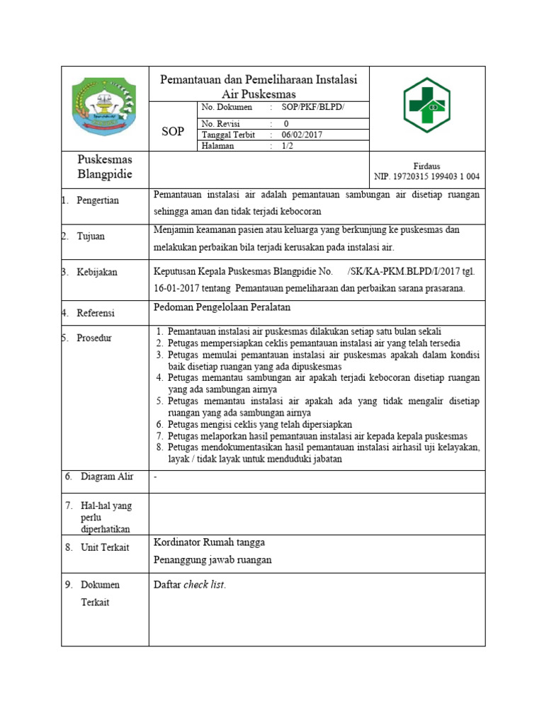 E.P 8.5.1.2 Sop Pemantauan Dan Pemeliharaan Instalasi Air Puskesmas | PDF